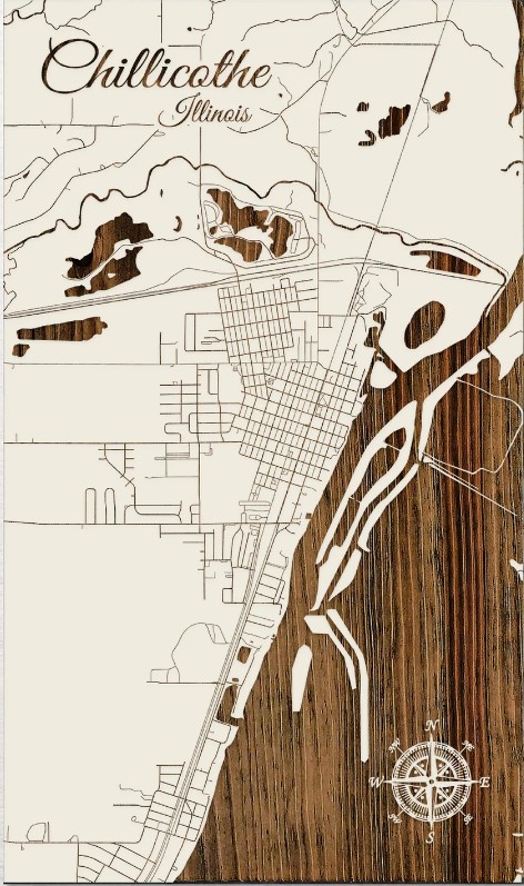 Chillicothe, Illinois Street Map | Burnt Laser-Cut Wall Map