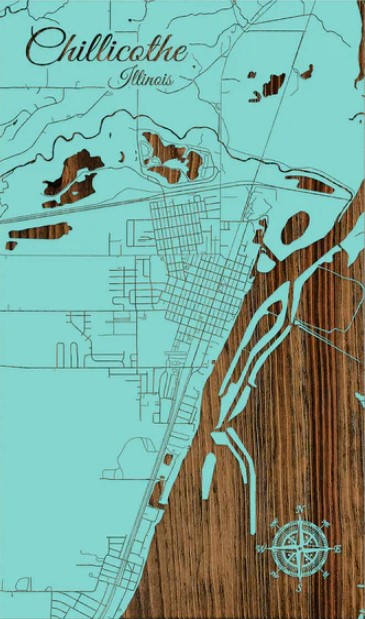 Chillicothe, Illinois Street Map | Burnt Laser-Cut Wall Map
