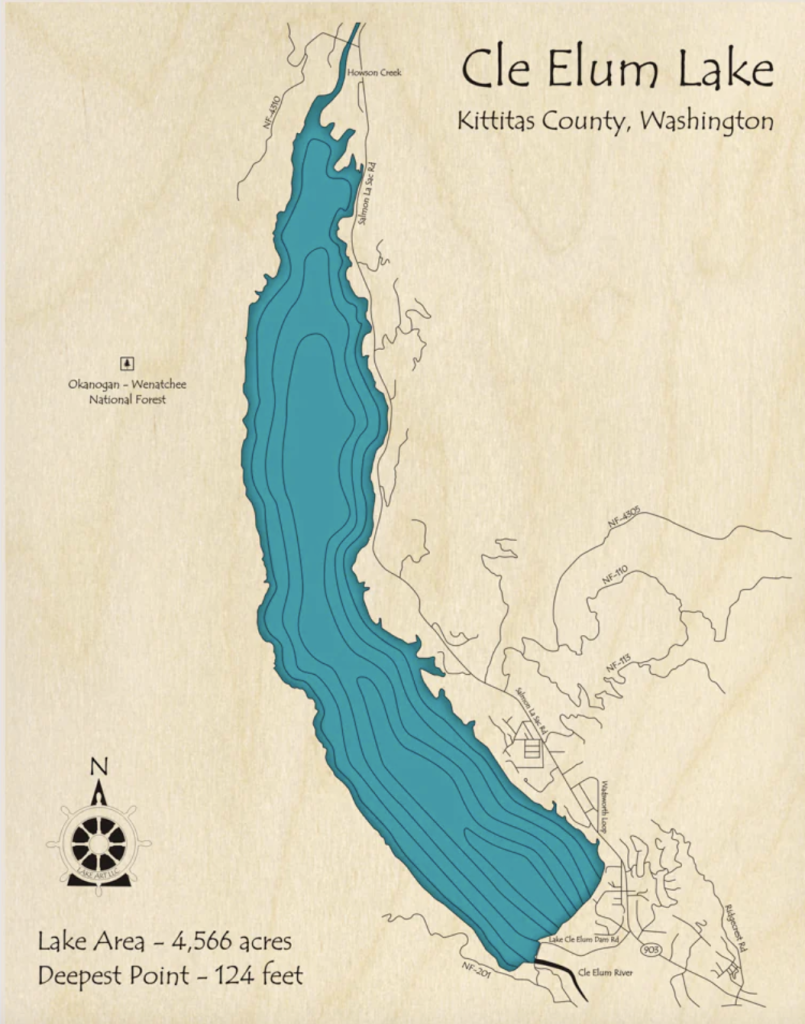 Cle Elum Lake, WA - 3D Wood Map, Custom Nautical Map Art