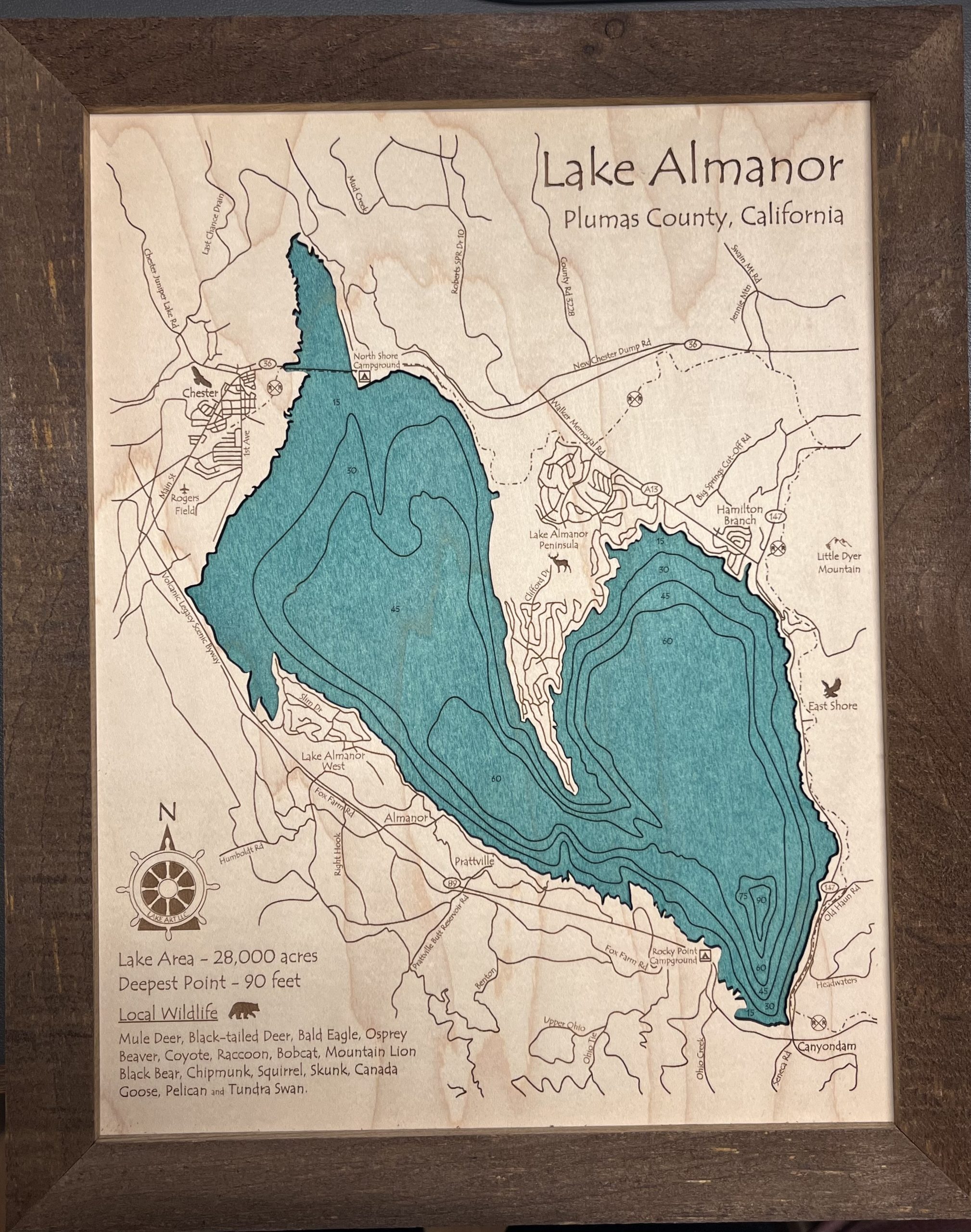 Lake Almanor, CA - 3D Wood Map, Custom Nautical Map Art