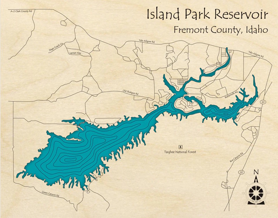 Island Park Reservoir, ID - 3D Wood Map, Custom Lake Map Artwork