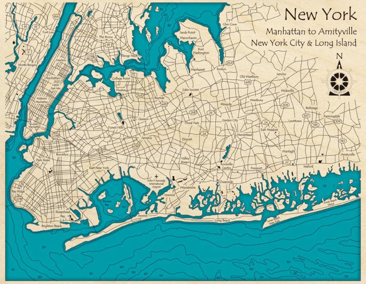 New York City and Long Island, Manhattan to Amityville - 3D Wood Map ...