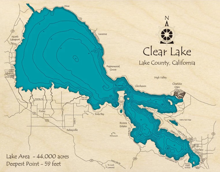 Clear Lake, California - 3D Wood Map, Custom Lake Map Artwork