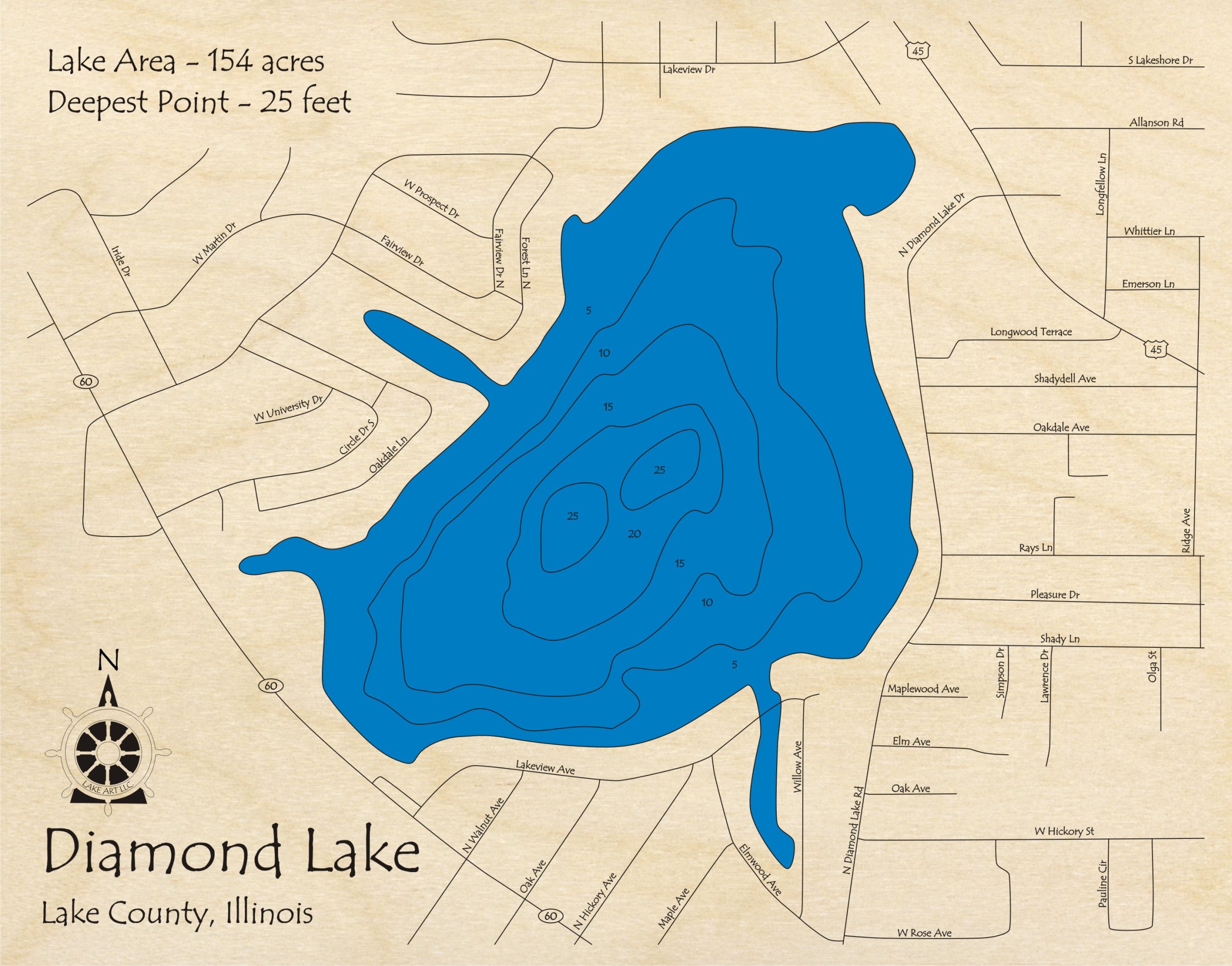Diamond Lake, IL - 3D Wood Map, Custom Lake Map Artwork