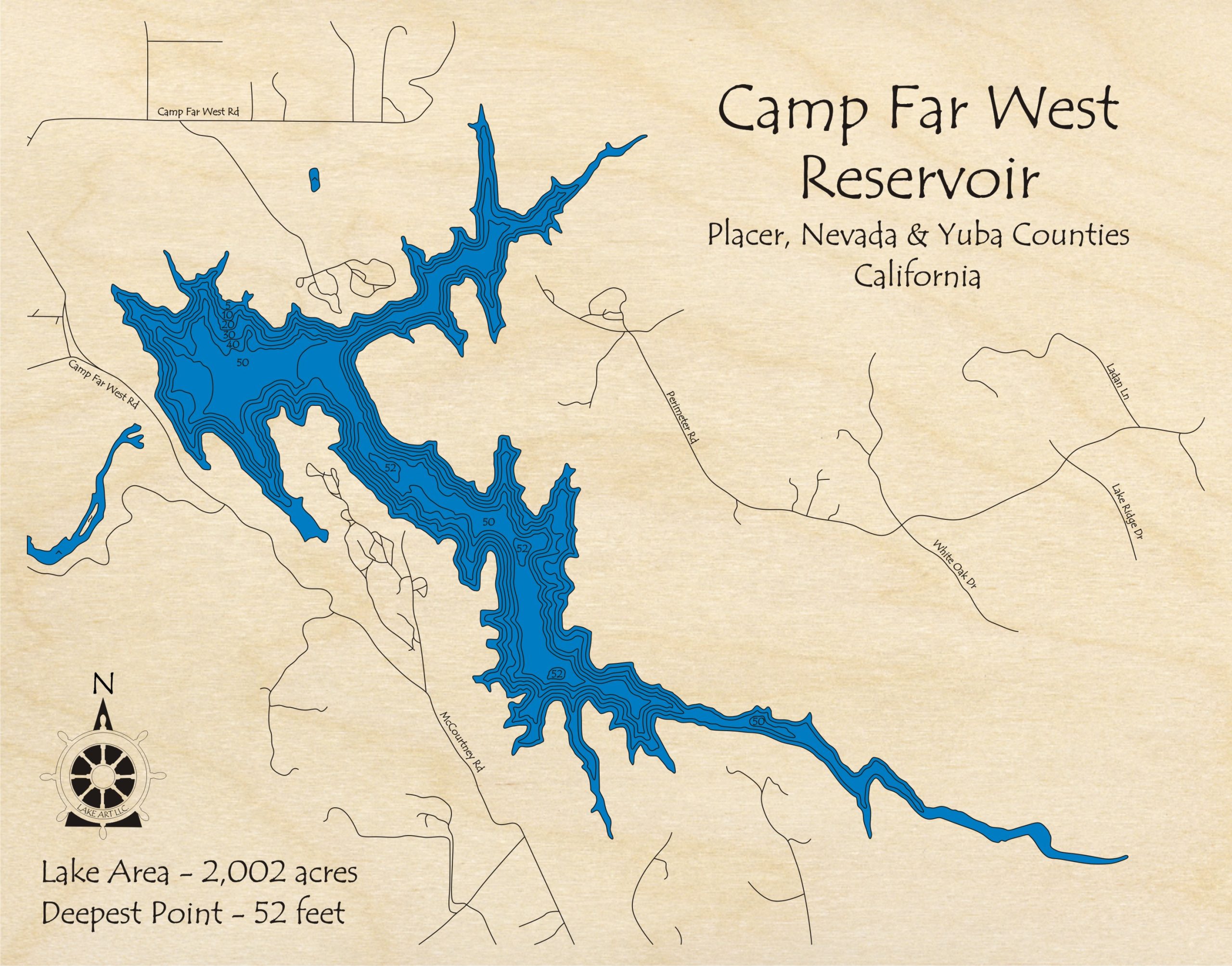 Camp Far West, CA - 3D Wood Map, Custom Lake Map Artwork